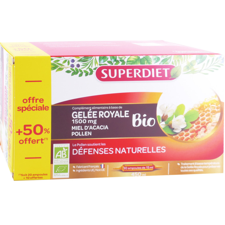 SUPERDIET GELEE ROYALE BIO 30 AMPOULES DEFENSES NATURELLES